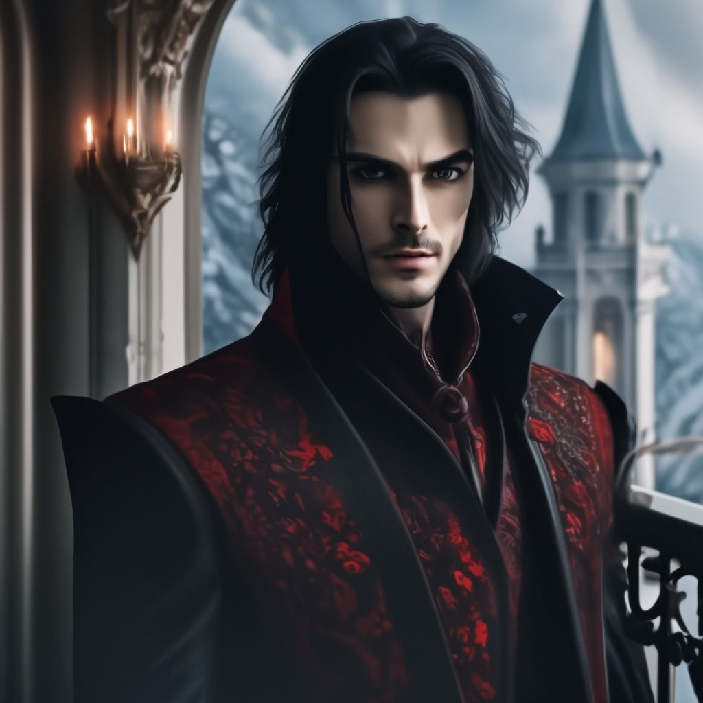 "Handsome man dark vampire Lord Winter balcony castle" — image created ...