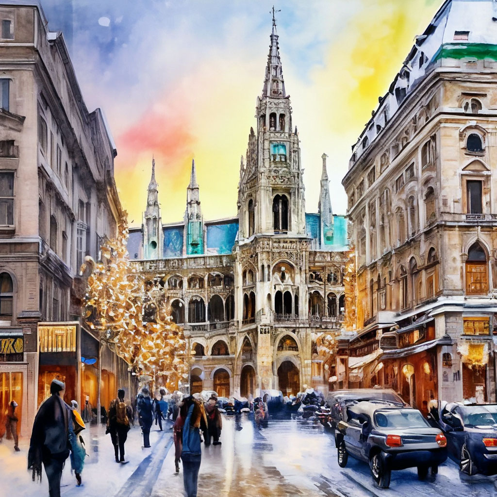 "Christmas, decorated city, Vienna bright colors, positive, watercolor ...