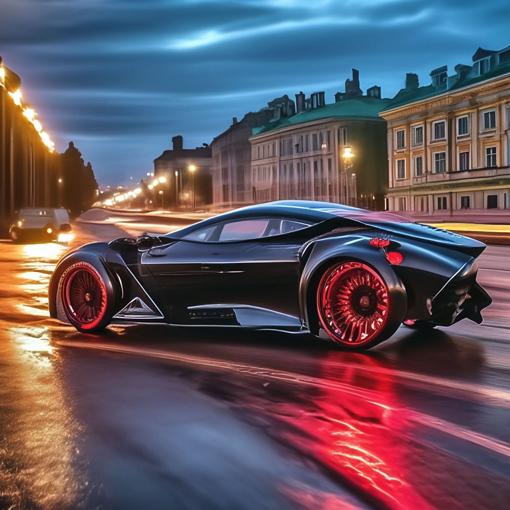 "Side profile view-a powerful high-speed vampire mobile is flying along ...