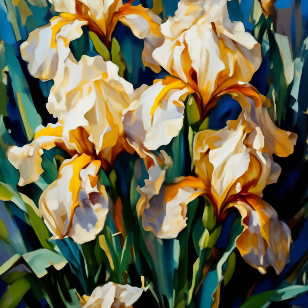 "Still life with irises in impasto technique, impressionism style ...