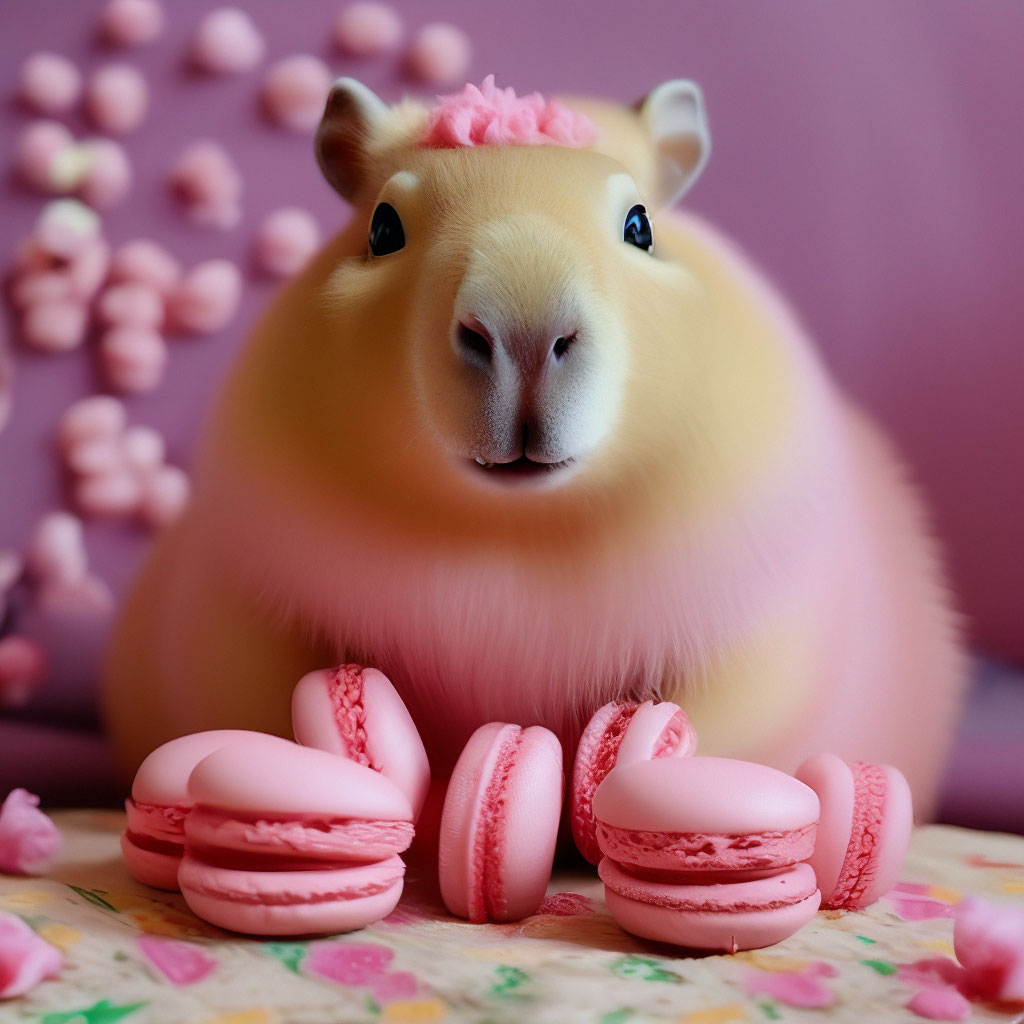 "Pink fluffy capybara eats macaroons" — image created in Shedevrum
