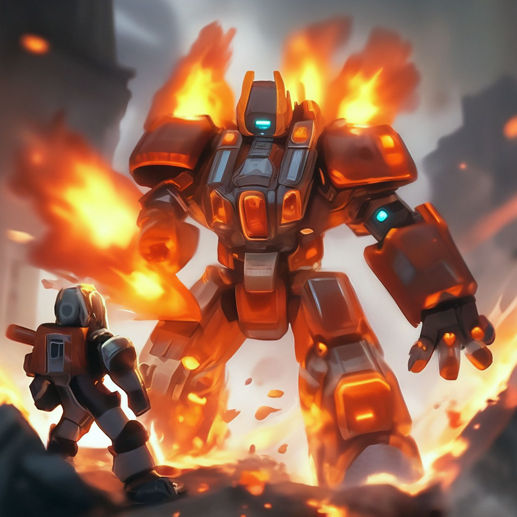 "Fire figures robots titans with fire guns" — image created in Shedevrum
