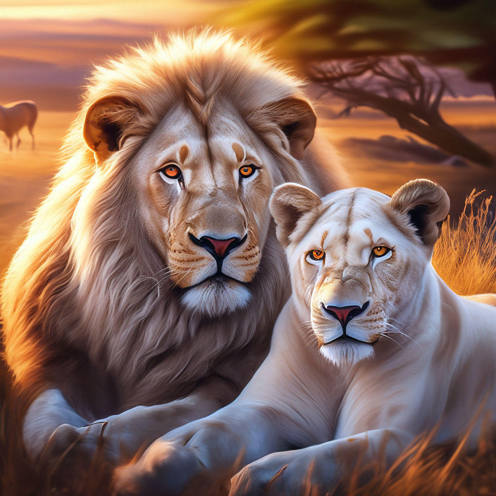 "Fire-maned lion and white lioness resting in the savannah, soft ...