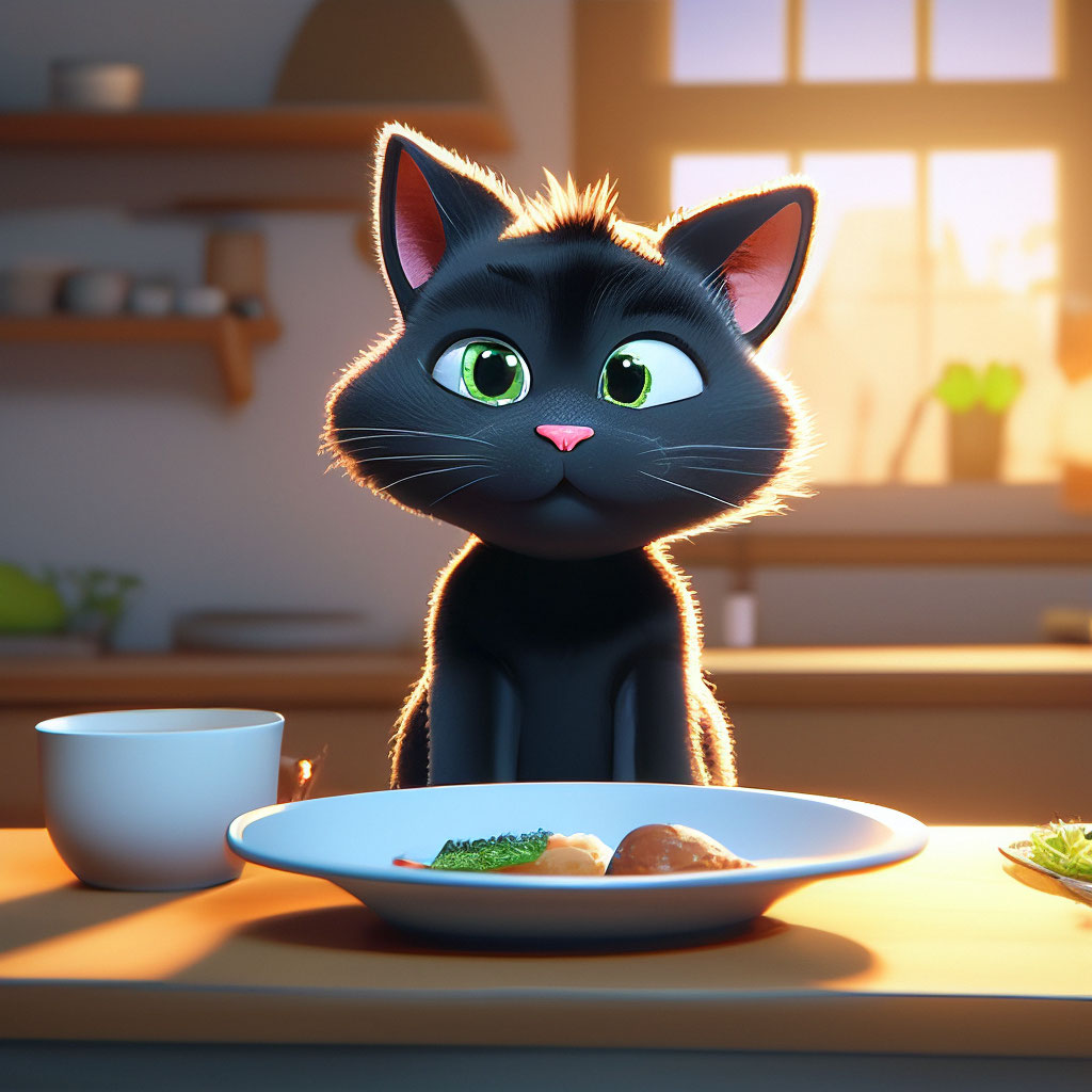 "Cartoon, hungry black with smoky coloring cartoon cat holding an empty ...