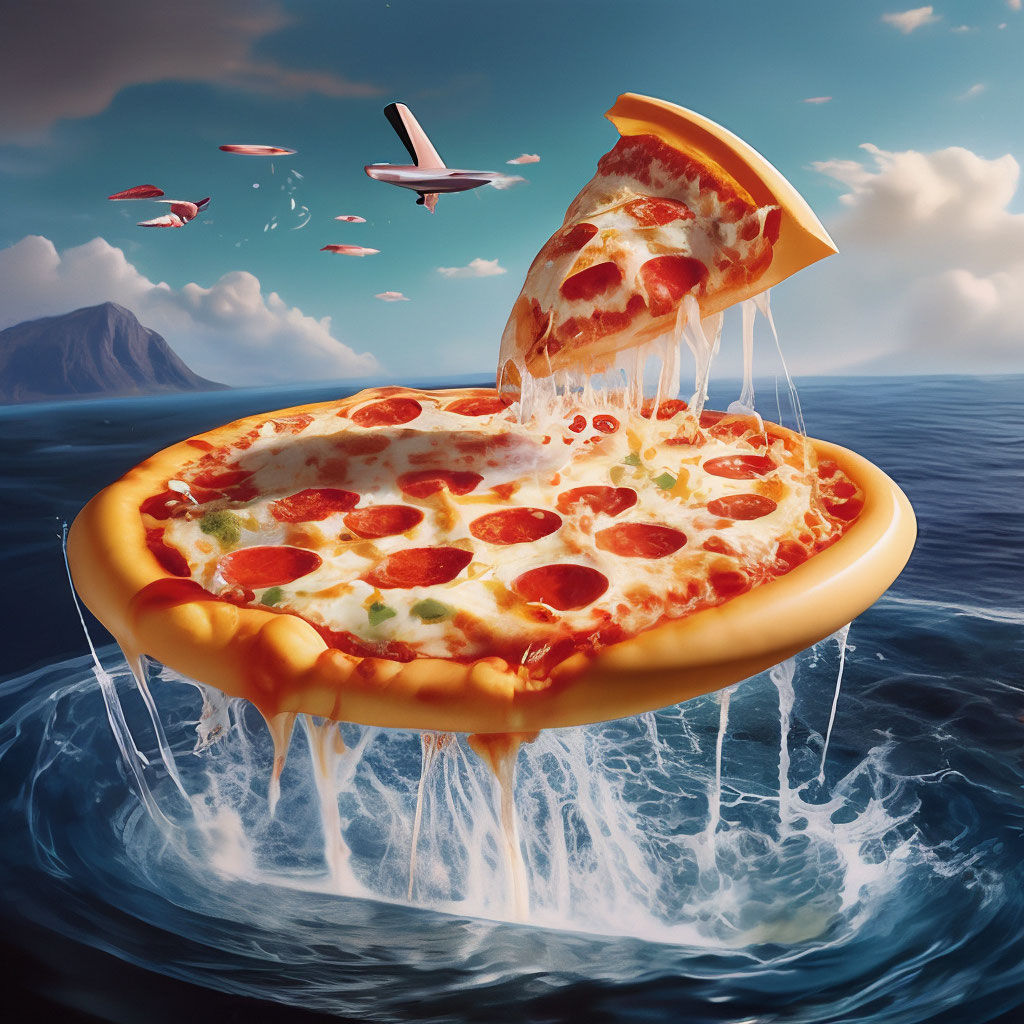 "Flying pizza with water" — image created in Shedevrum
