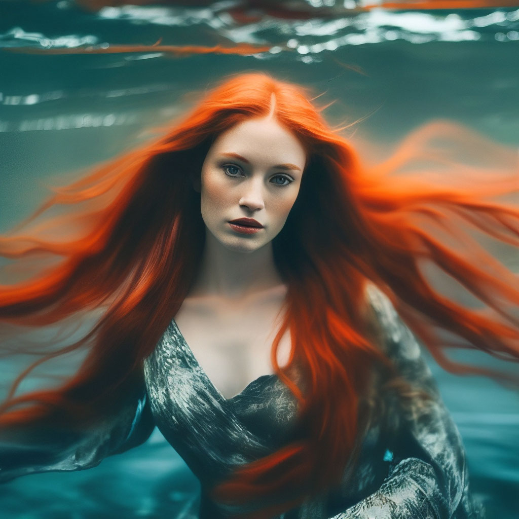 "Beautiful drowned woman with long red hair" — image created in Shedevrum