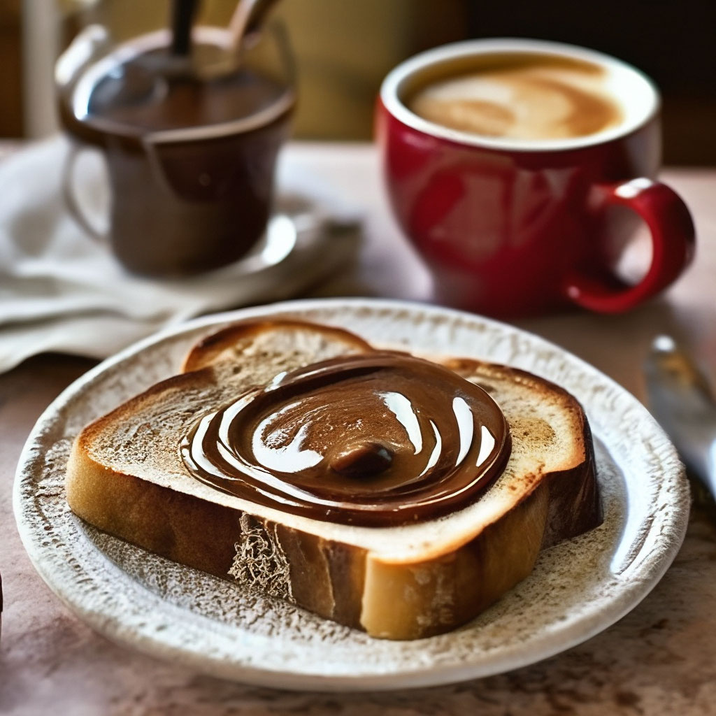 "Toast, homemade bread, spread with nutella, with coffee" — image ...