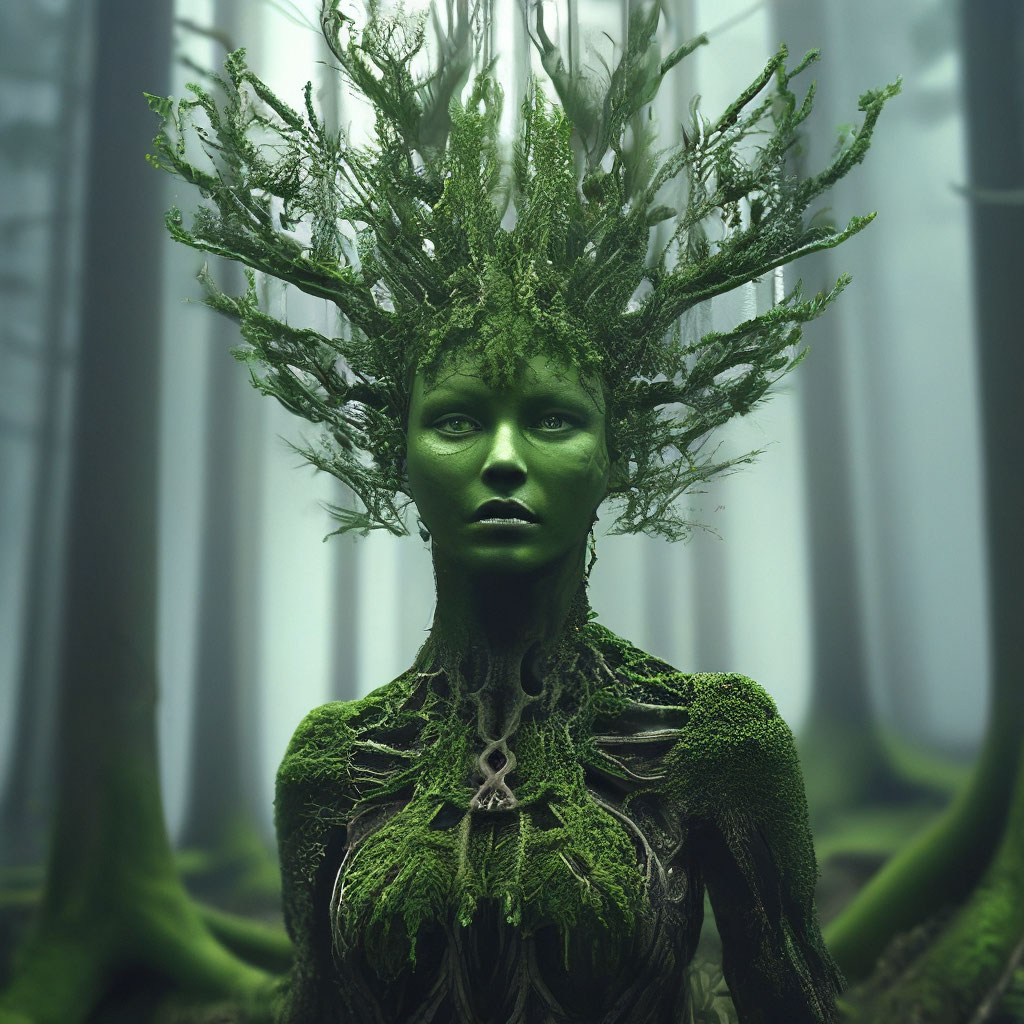 "Anthropomorphic tree, female forms, without outfits, focus on the face ...