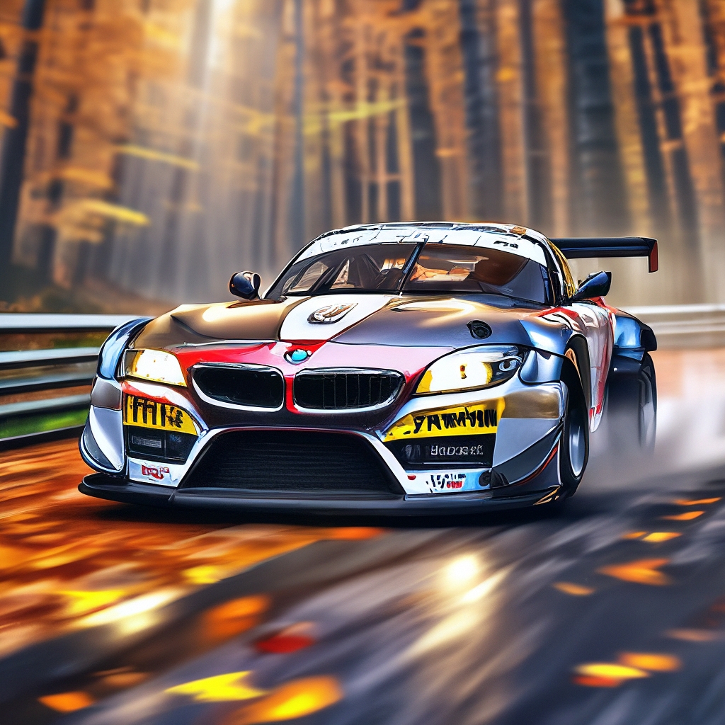 "Racing bmw z4 gtr, in the autumn forest,realistic, ultradetalization ...
