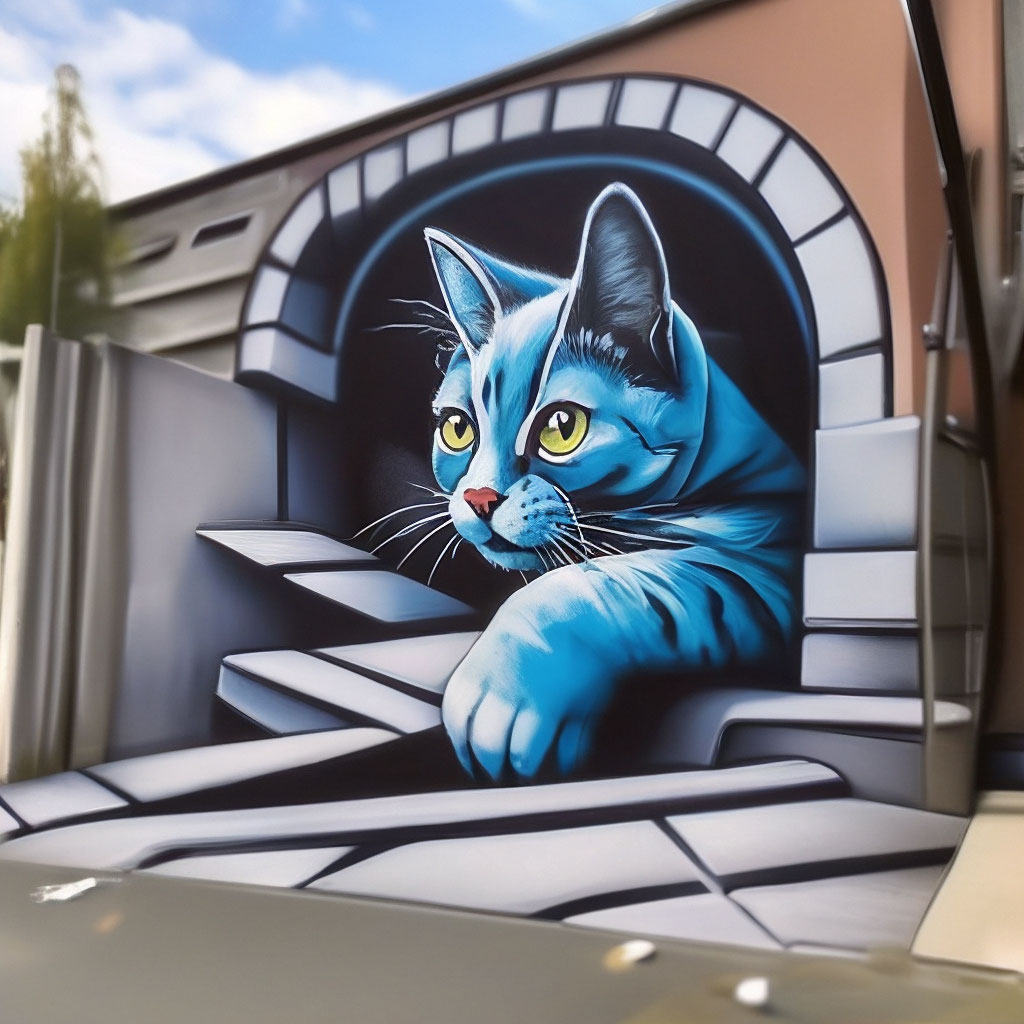 "Street art cat looks out of the hatch , painted on asphalt 3d street ...