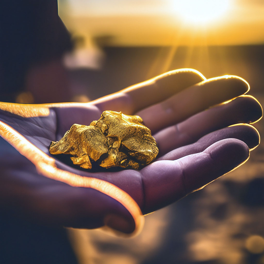 "The hand of a man, focus on the hand, in the hand of a large nugget of ...