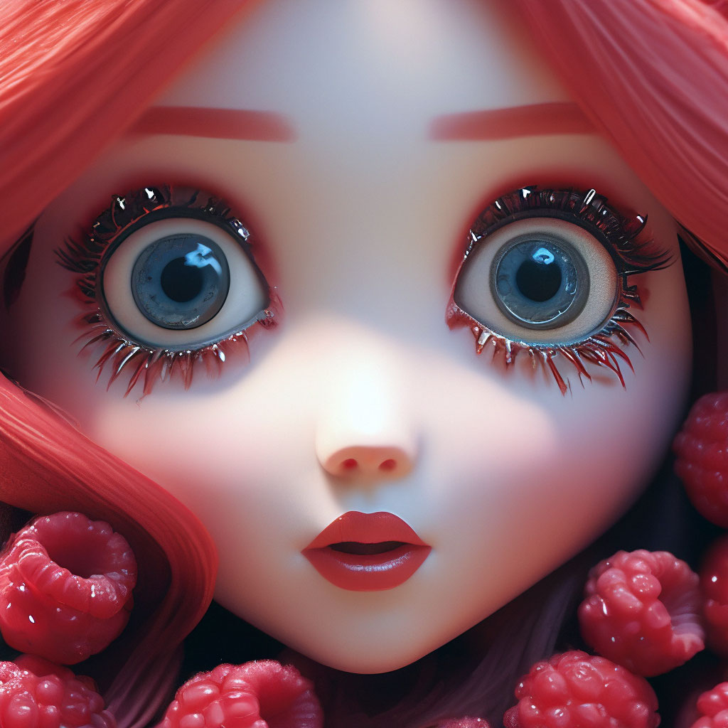 "Anthropomorphic raspberry face with huge eyes and very long eyelashes ...