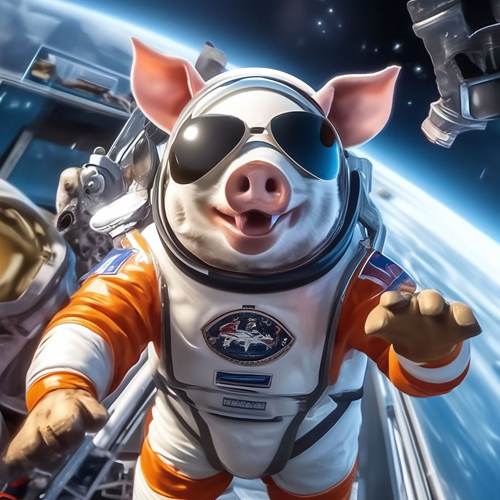 "Pig in a spacesuit conquers the expanses of space in a rocket ...