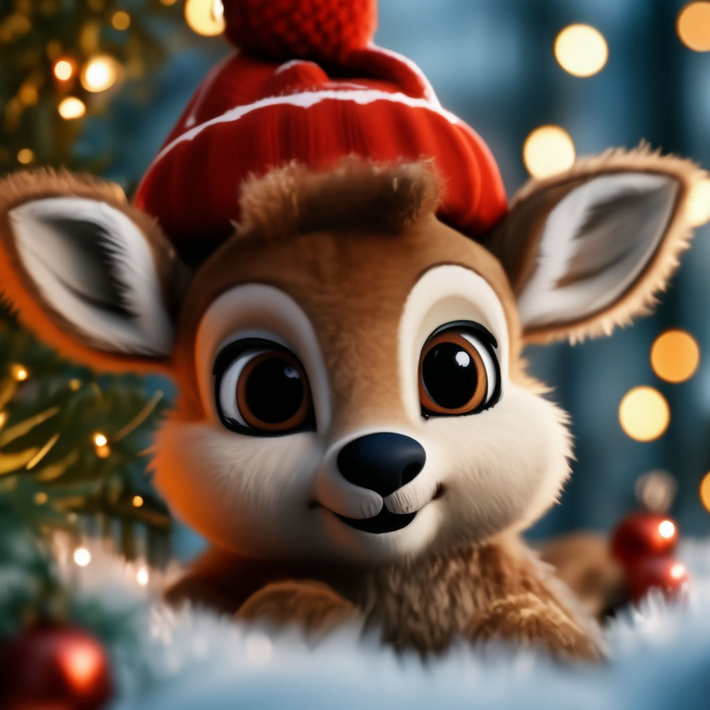 "Cute cartoon fluffy baby fawn peeks out from under the branches of the ...
