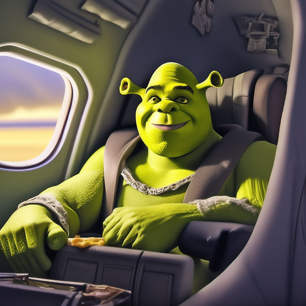 "Shrek is flying in an airplane. McDonald's cats and burger King are ...