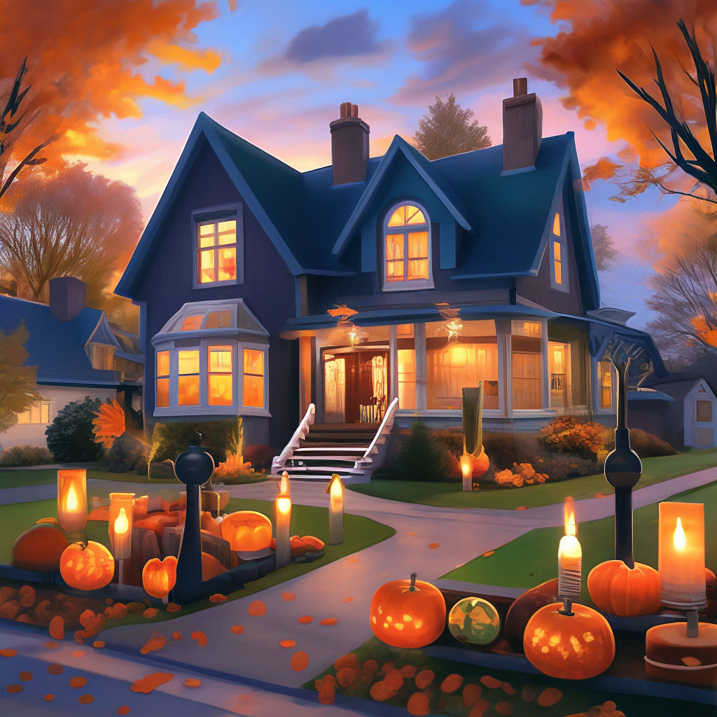 "Cozy houses in the suburbs decorated for the celebration of Samhain ...