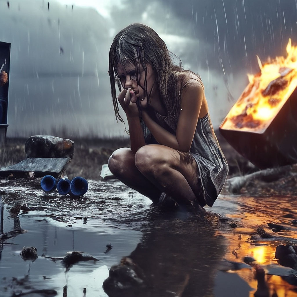 "Girl with broken speakers crying puddle rain" — image created in Shedevrum