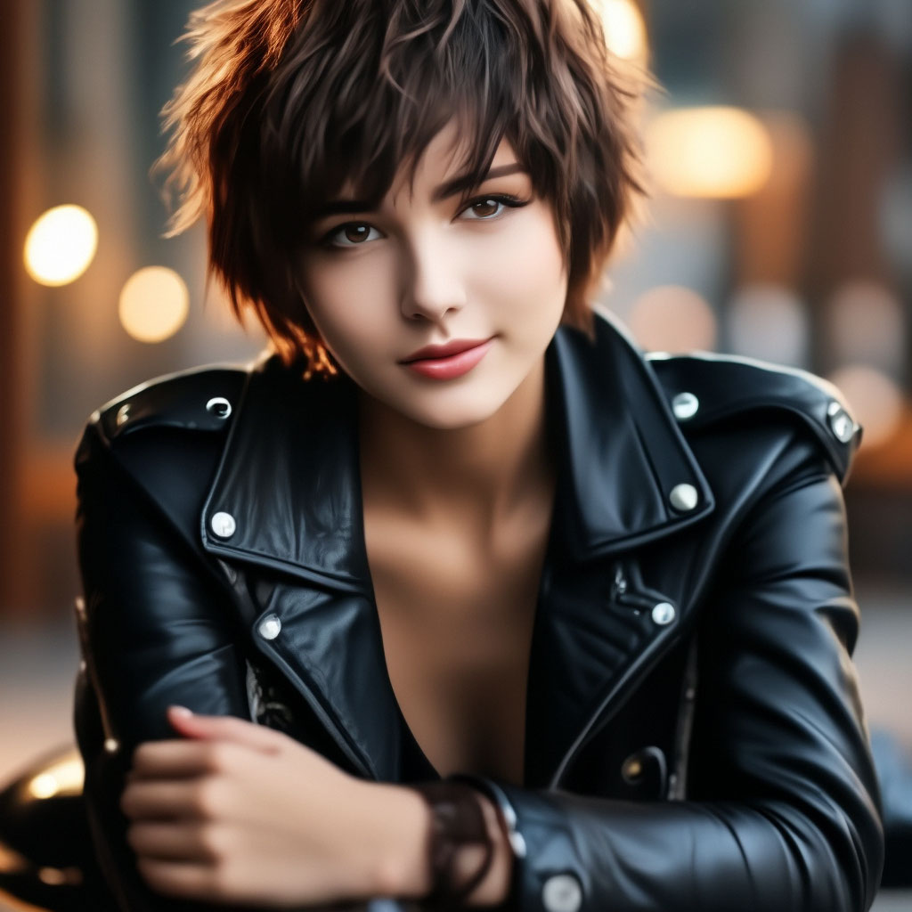 "A very beautiful girl lies, sweet face, short haircut, innocent smile ...