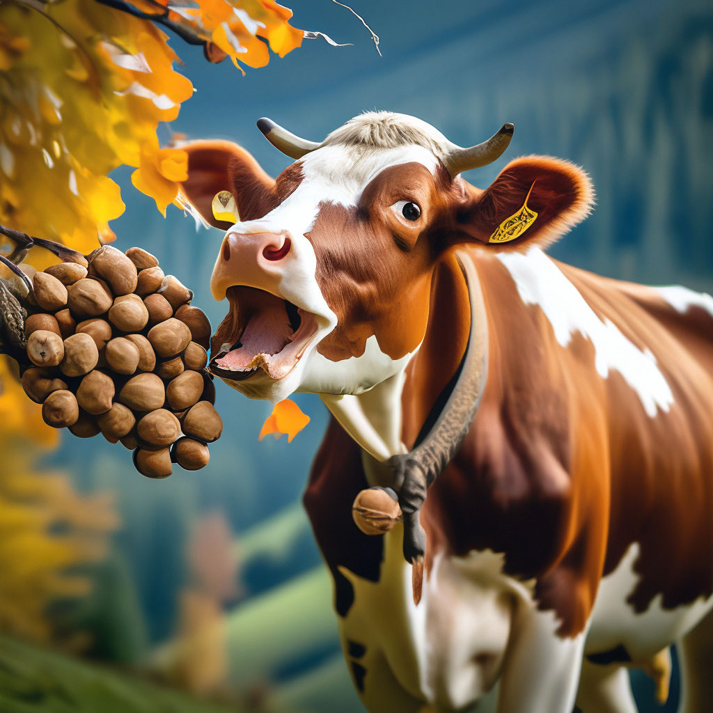 "A cow on a branch is gnawing a nut. Professional photo." — image ...