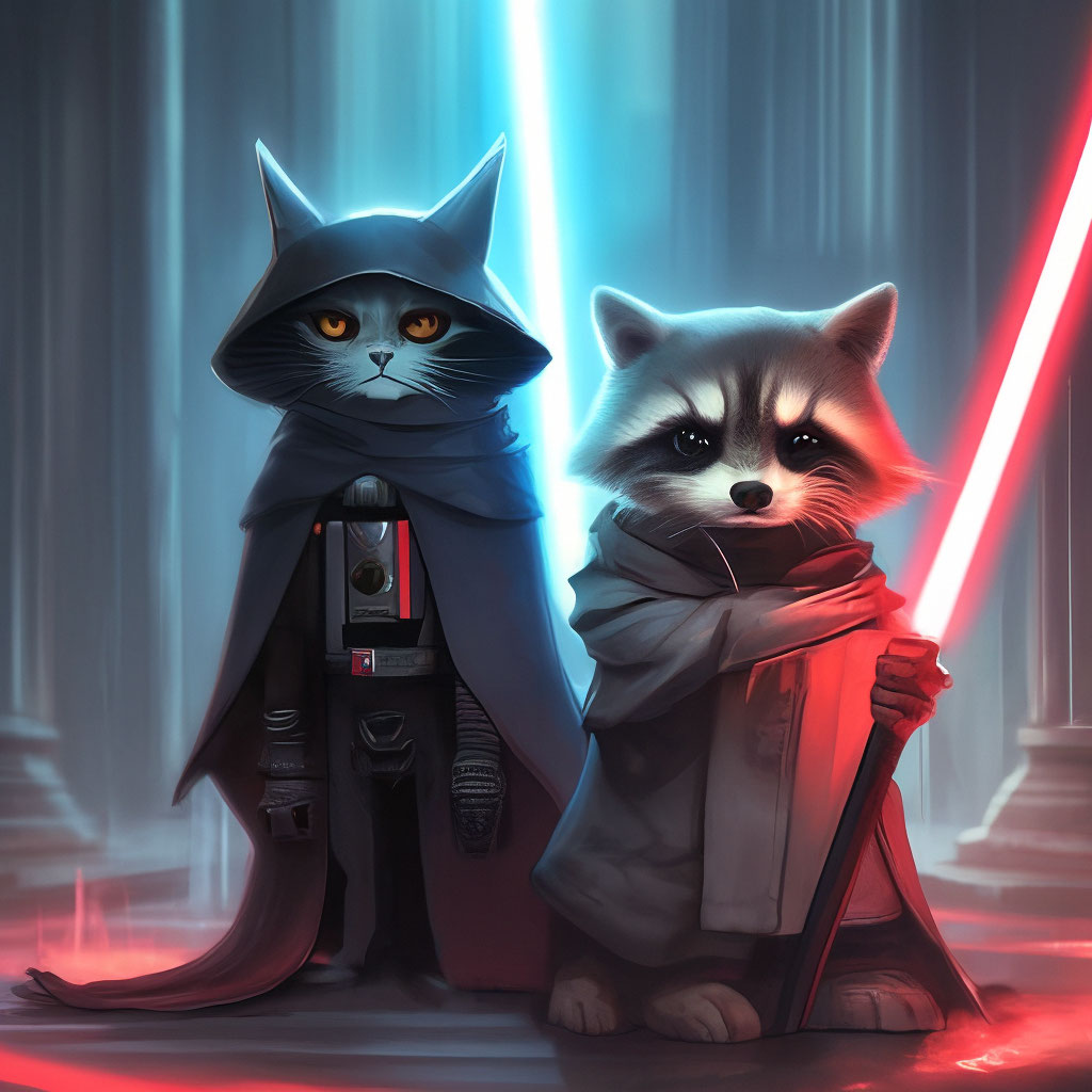 "The raccoon is a Jedi and next to him is his friend the Sith cat ...