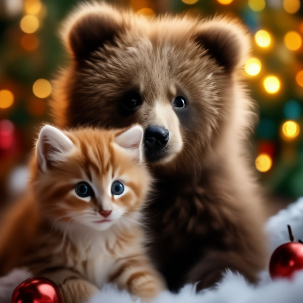 "A fluffy bear cub with a fluffy kitten playing at the Christmas tree ...