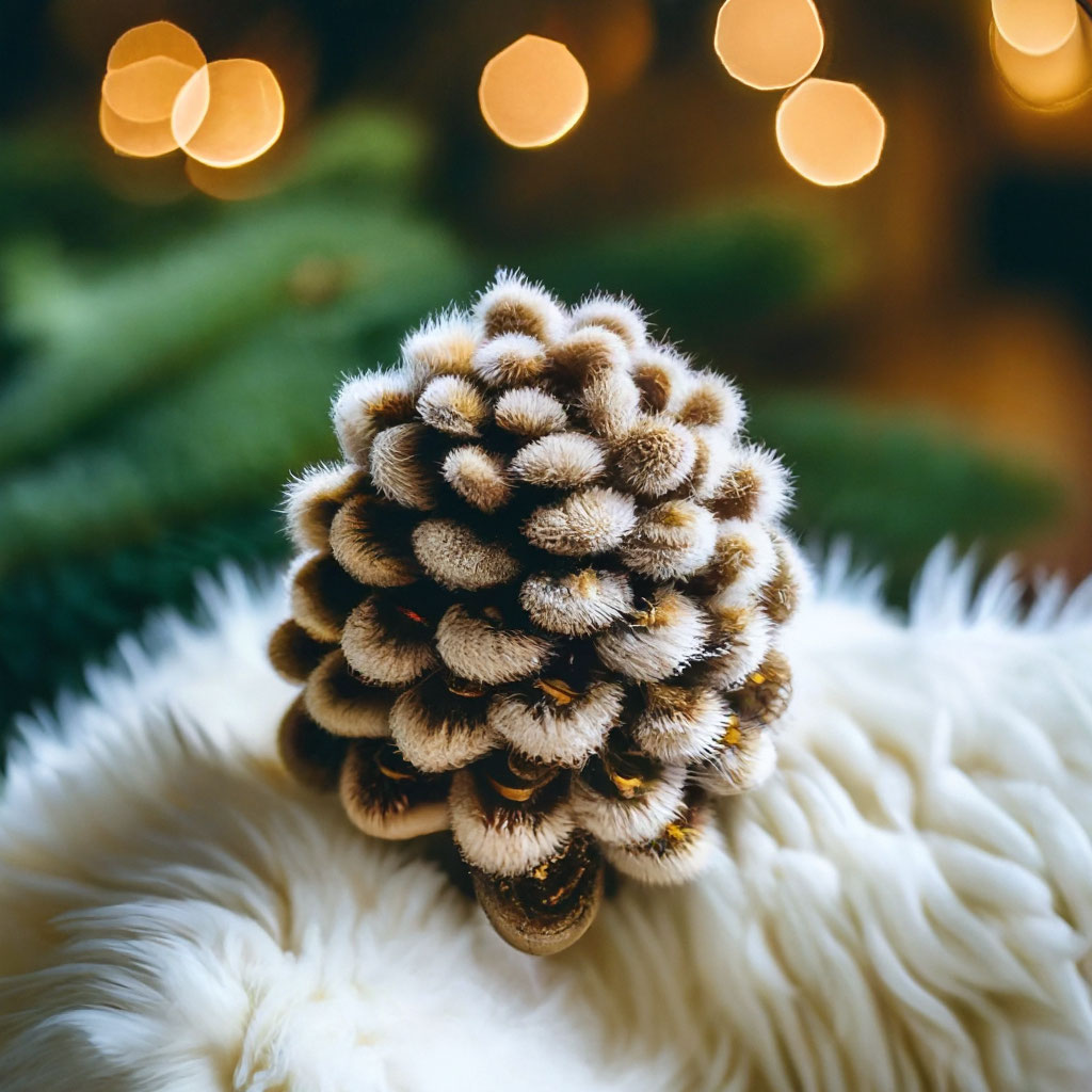 "Knitted cone on a white fur coat, fully knitted, fluffy , soft, woolen ...