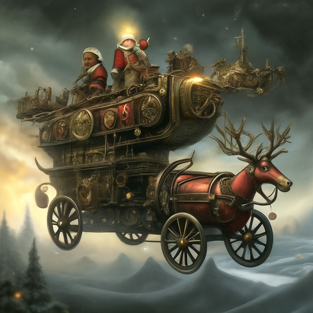 "A flying cart with reindeer and Santa Claus's car" — image created in ...