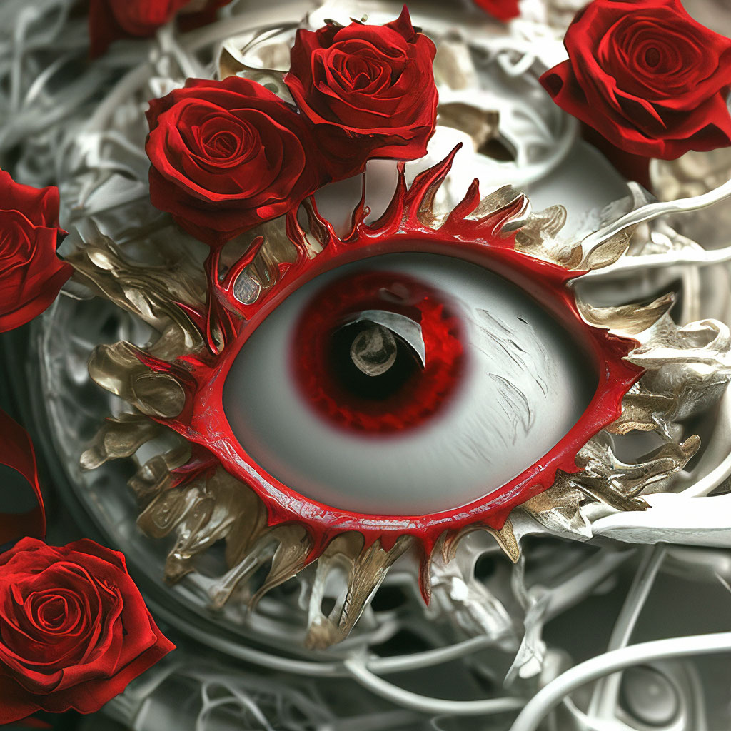 "Eye in red streaks and red roses, anthropomorphic demon, anatomy ...