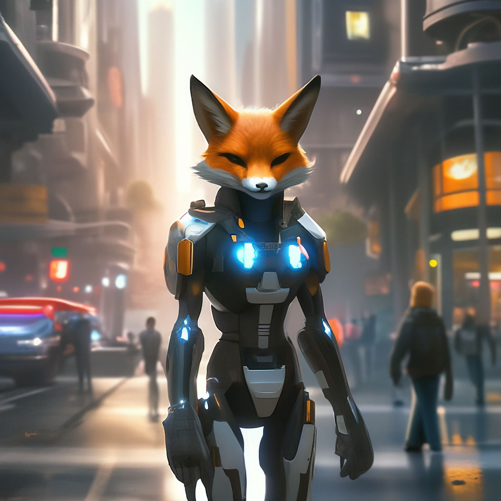 "A humanoid Cyborg fox walks through the streets of the city of the ...
