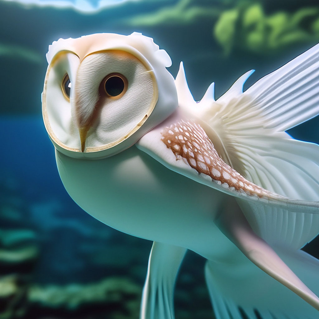 "Underwater, fish with a head like a barn owl, chimera mermaid, crystal ...