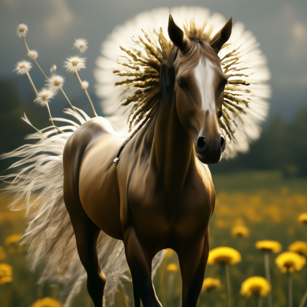 "A hybrid of a horse and a dandelion" — image created in Shedevrum