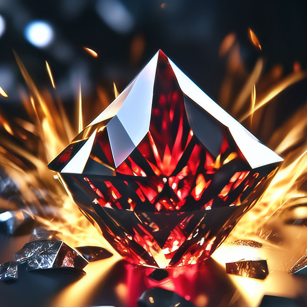 "One diamond-shaped crystal blazing with black fire with gold and red ...