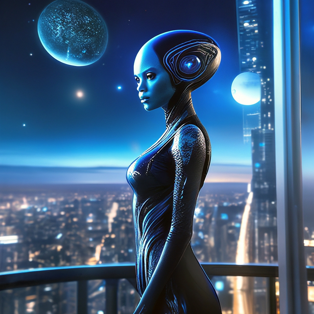 "Beautiful blue alien alien stands on the balcony of a high skyscraper ...
