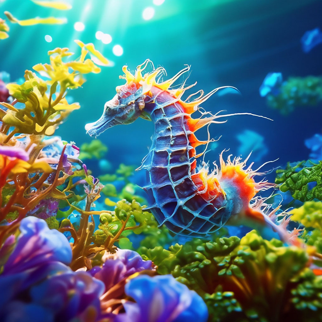 "Azure sea,bright transparent vine water,algae,seahorse,colorful fish ...