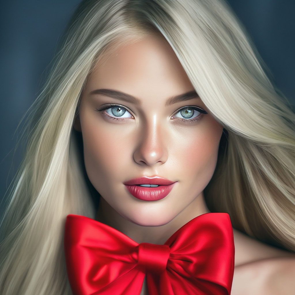 "Portrait of a beautiful top model with a bright red bow on her neck ...