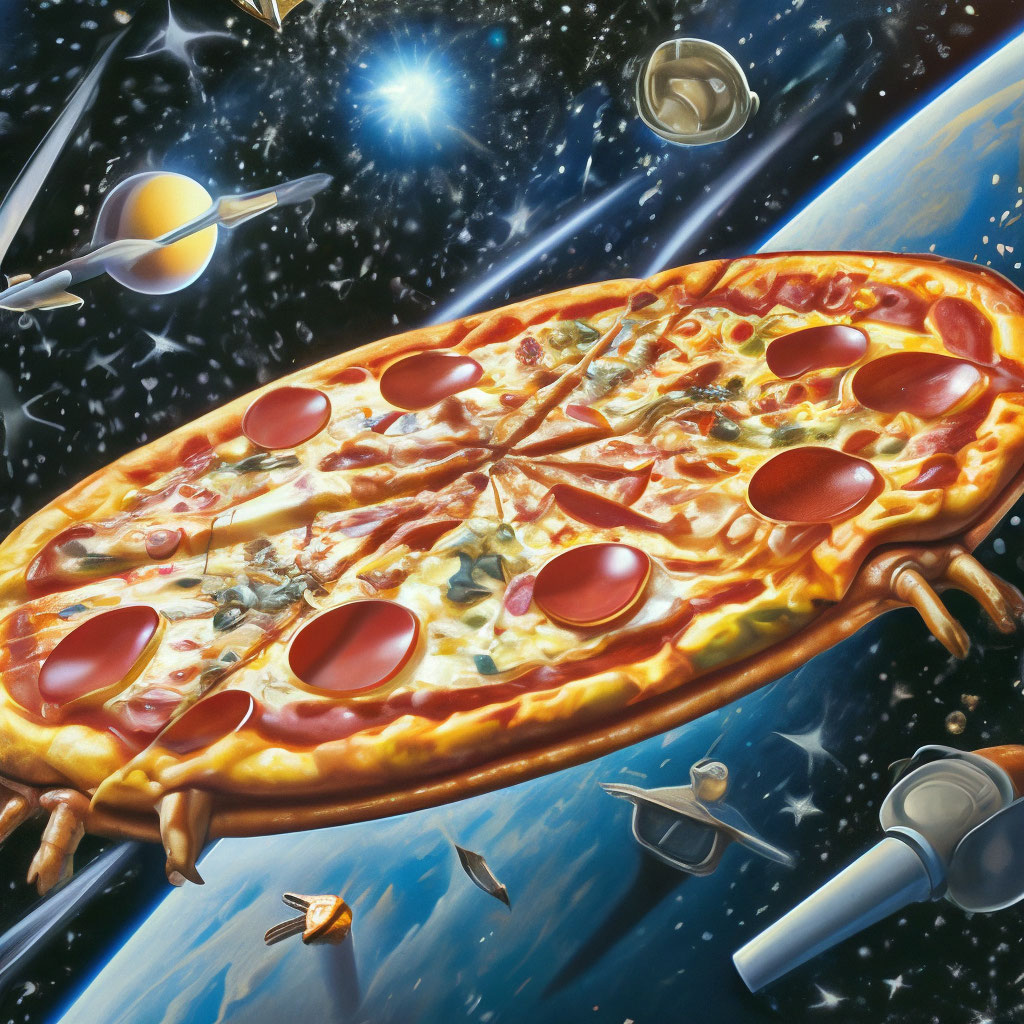 "Large detailed pizza flying in space between the stars, detailing ...