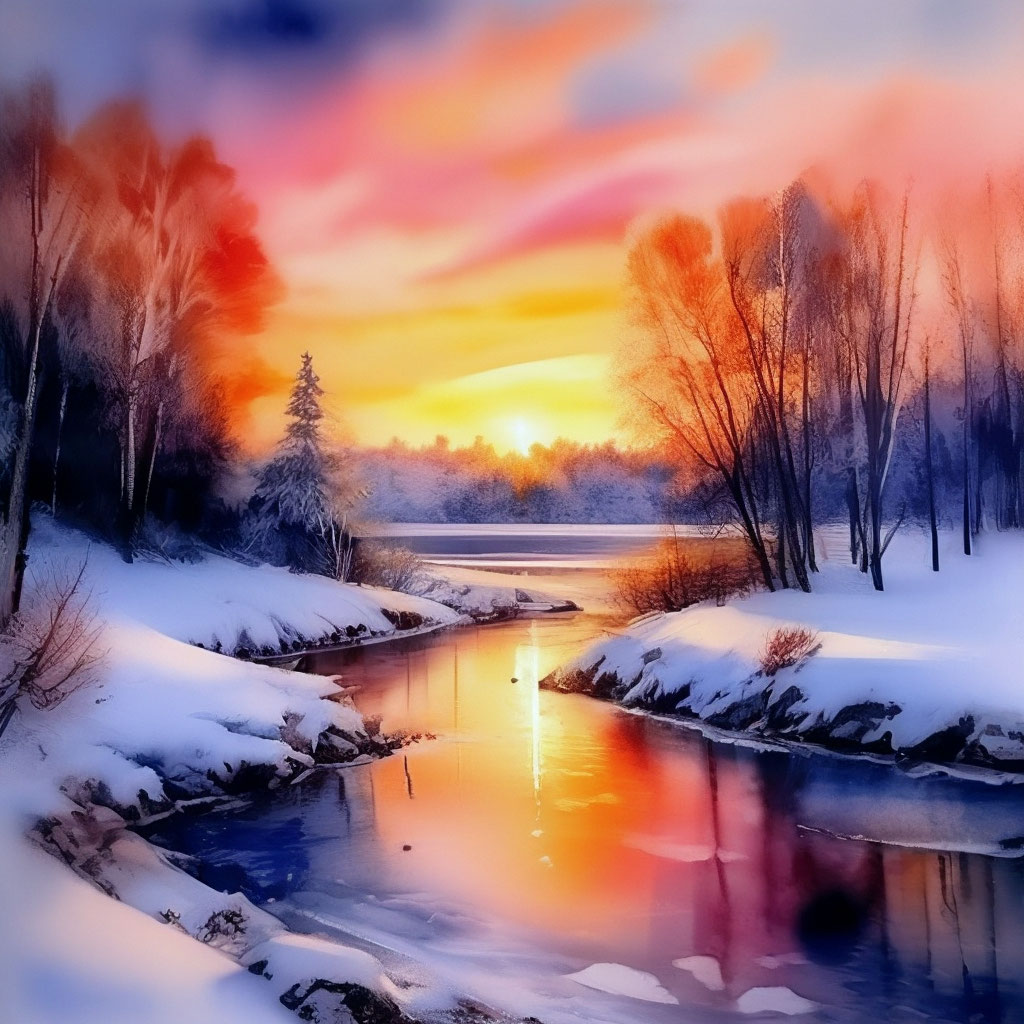 "The most beautiful dawn, winter, watercolor, bright colors." — image ...