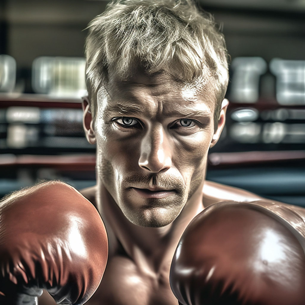 "Male boxer 30 years old, blond, fair face, deep brown eyes...studio ...