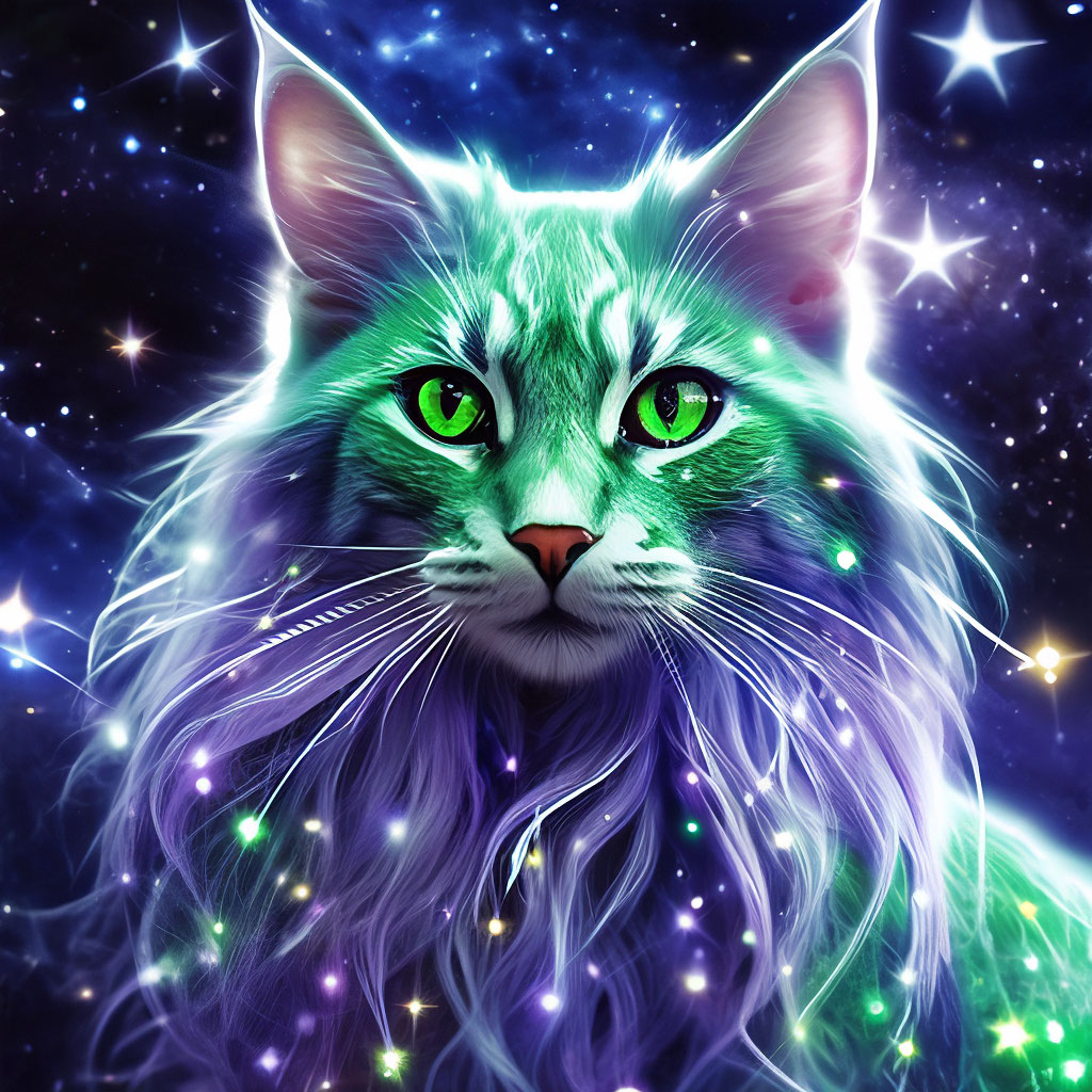 "Constellations, cosmic cat, lilac long hair,huge green eyes, night ...