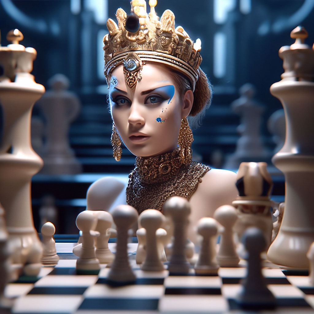 "Chess queen, very high realism, cinematic, high detail, makeup, chess ...