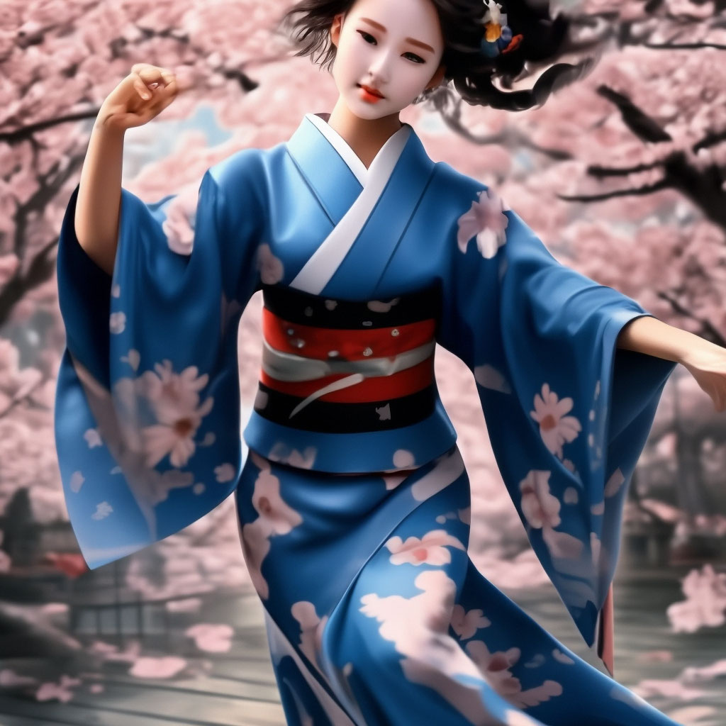 "Dance a beautiful geisha in a beautiful blue kimono dancing with a fan ...