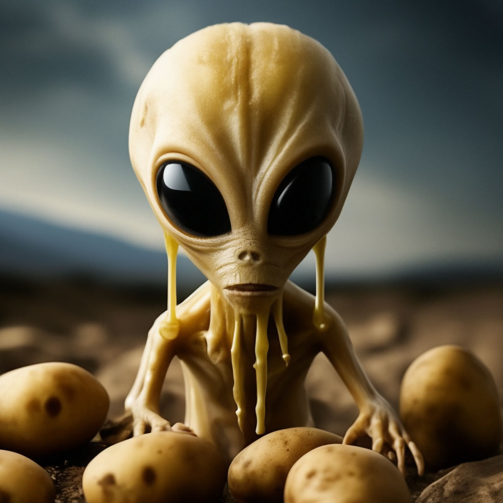"Alien drips potatoes" — image created in Shedevrum