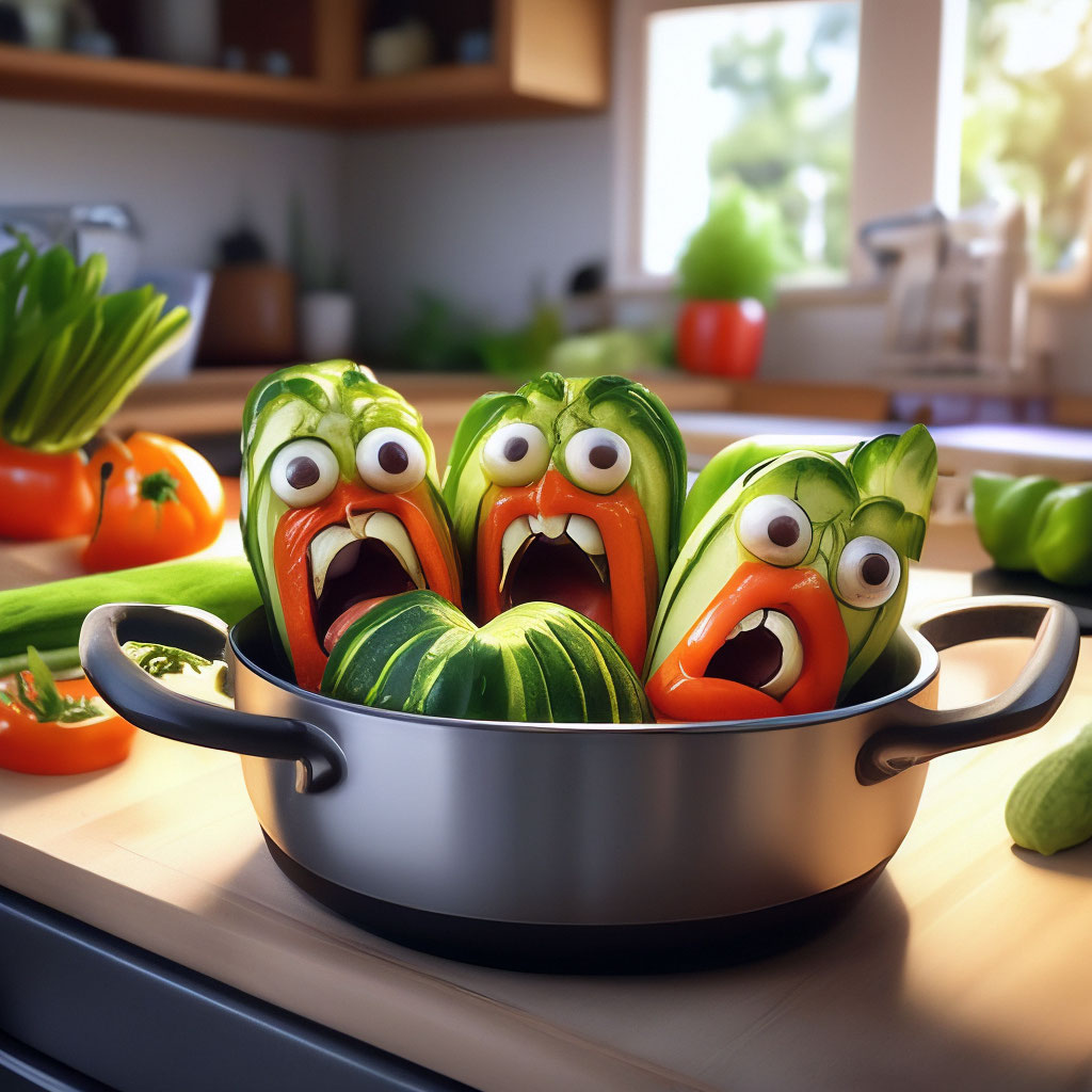 "Kitchen table, vegetable dish, at an angle, vegetables all with eyes ...