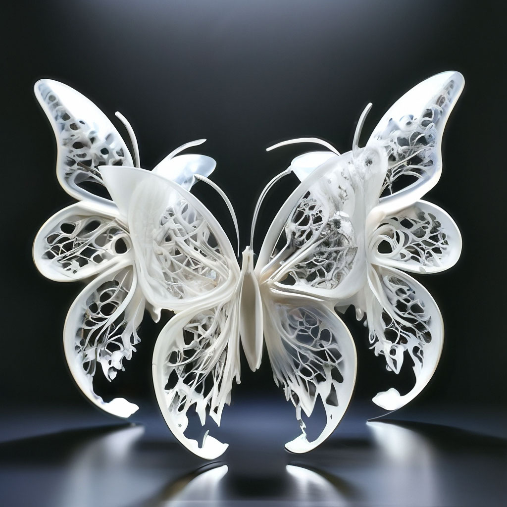 "Abstract asymmetric sculpture three butterflies made of white ...