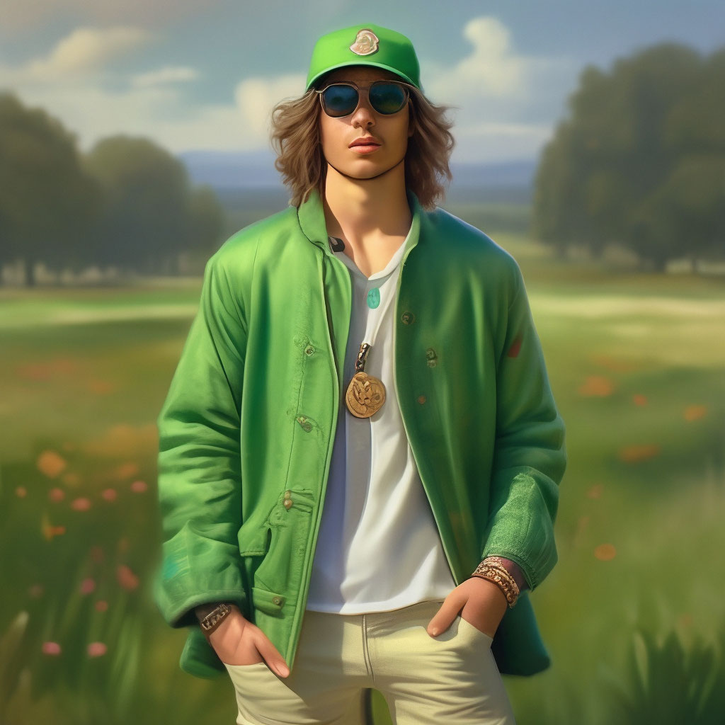"Young hippie in baseball cap, green big size jacket, green pants ...
