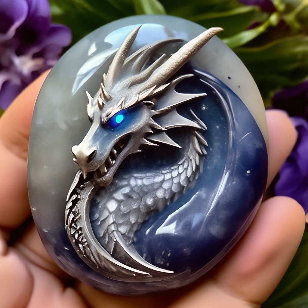 "A dragon frozen in a moonstone" — image created in Shedevrum