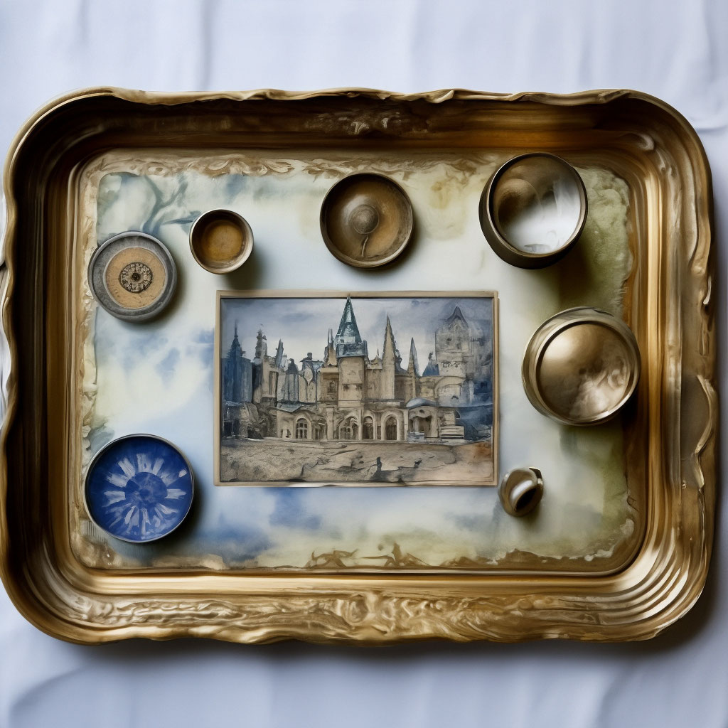 "Watercolor detailed drawing, watercolor tray with antiques at the flea ...