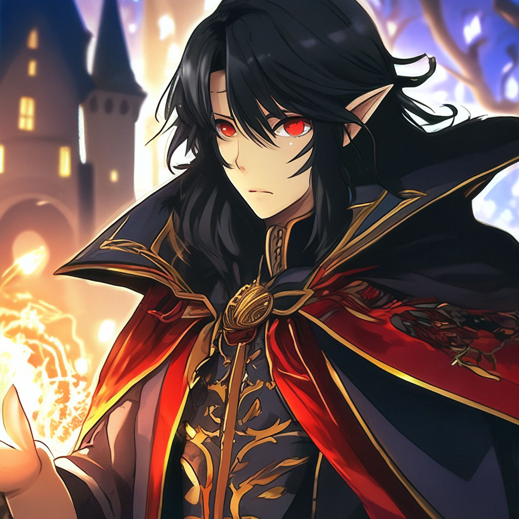"Anime man, elf, pointed ears, black long hair, red eyes, black cloak ...