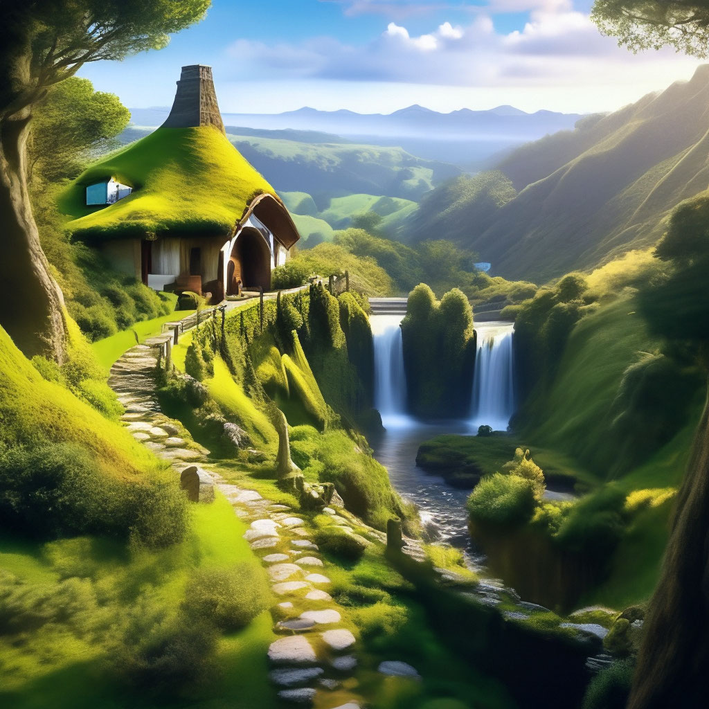 "Landscape from the Shire, mountain valley, rivers and waterfalls ...