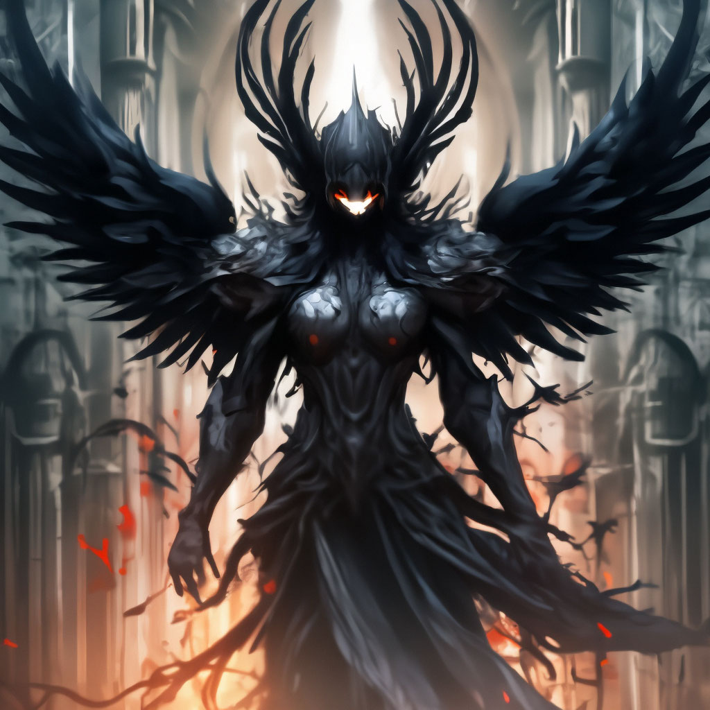 "Seraphim from the ink hell,on the background of the dungeon, fantasy ...